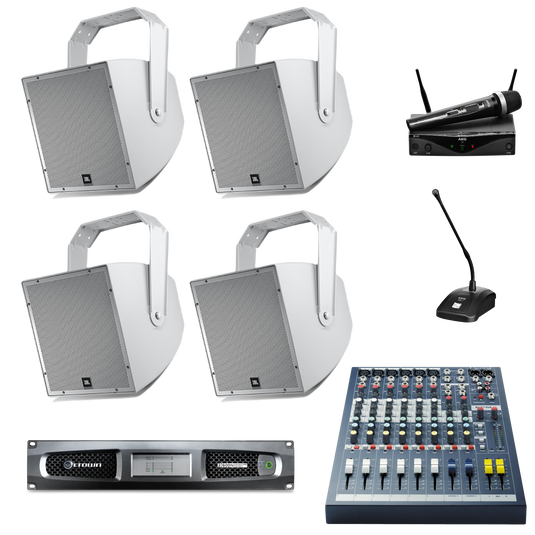 Outdoor Athletic Field Sound System Bundle (Grey) | 4 JBL AWC129 All-Weather Speakers, 1 Crown ...